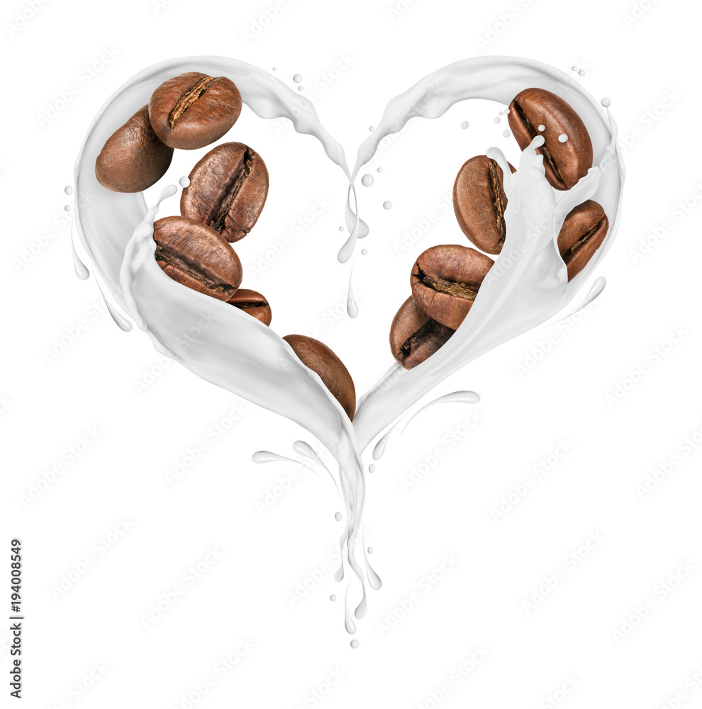 Coffee beans with splashes of milk in the shape of the heart Stock ...