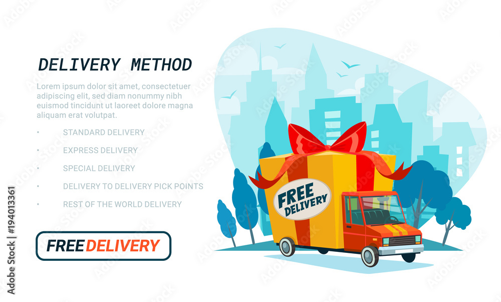 Free delivery template. Delivery truck with gift box, parcel. Delivery ...