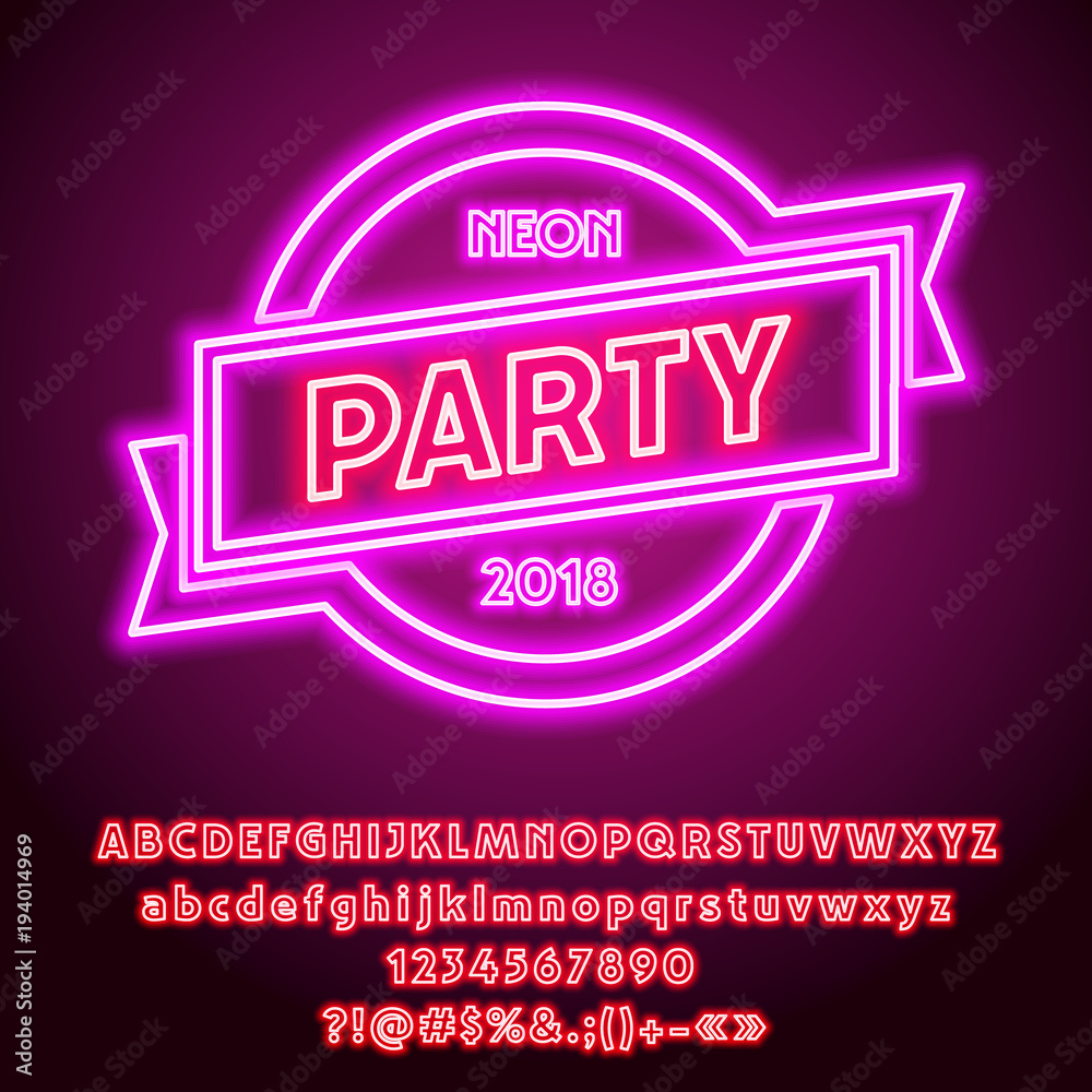 Vector pink Neon glowing Party sign. Set of cool led Alphabet Letters ...