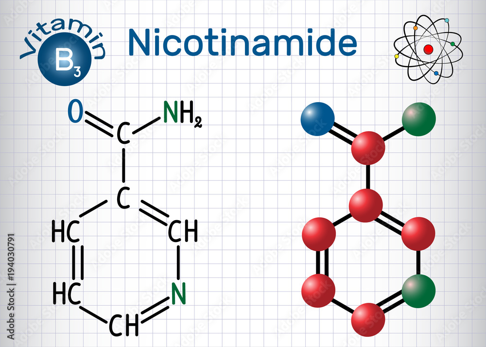 Nicotinamide (NAA) molecule, is a vitamin B3 found in food, used as a ...