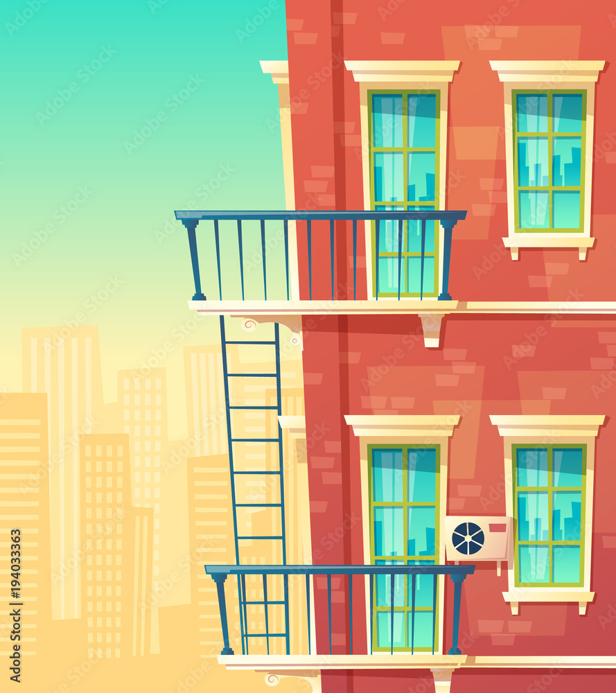 Vector cartoon illustration of house facade element, multistoried ...