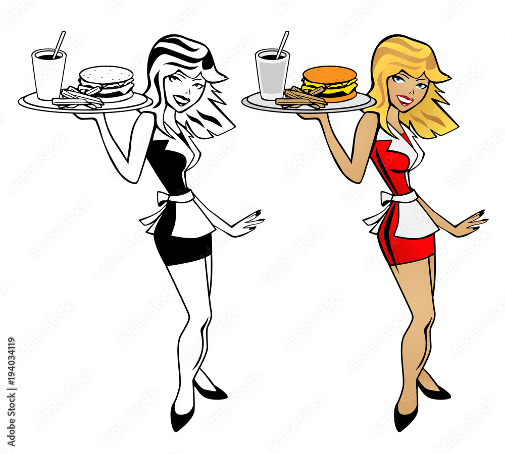Cute waitress woman holding food tray with burger, fries and drink ...