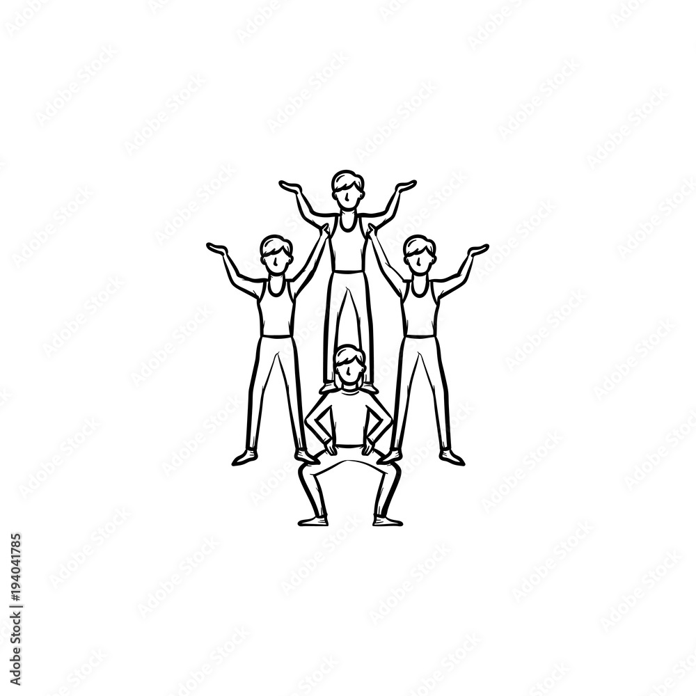 Circus artists making a human pyramid hand drawn outline doodle icon ...