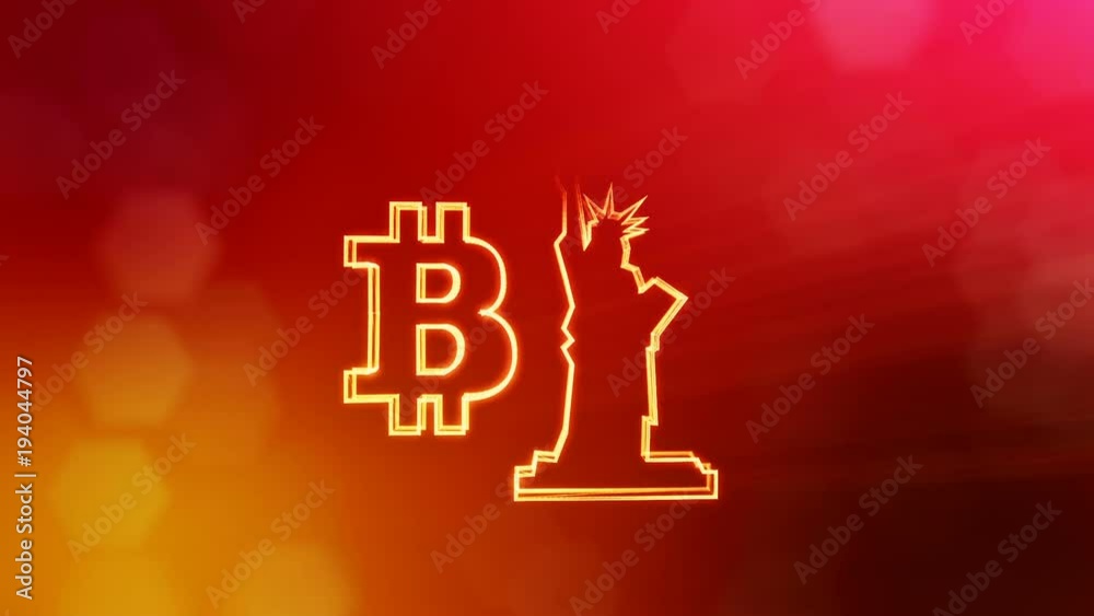 Bitcoin logo and a statue of freedom. Financial background made of glow ...