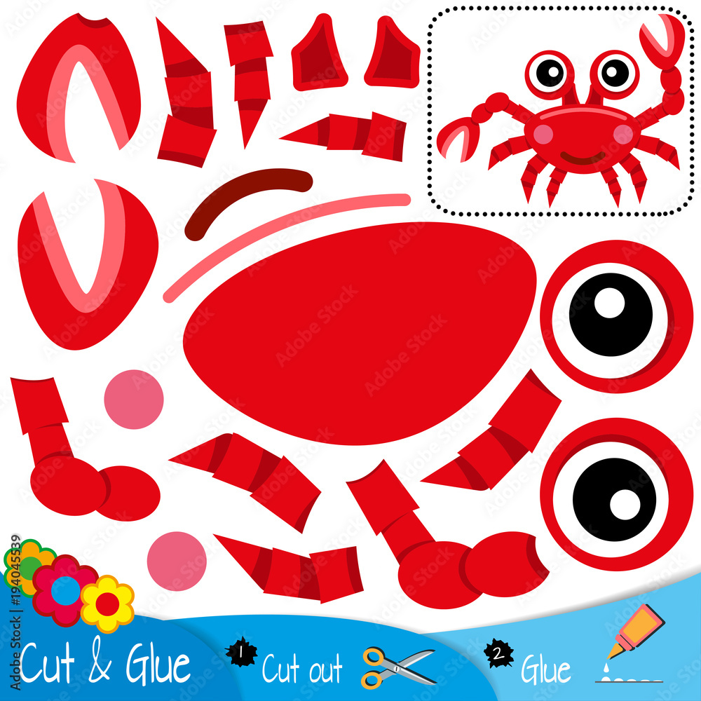 Red smiling crab with a claw raised up.. Education paper game for ...