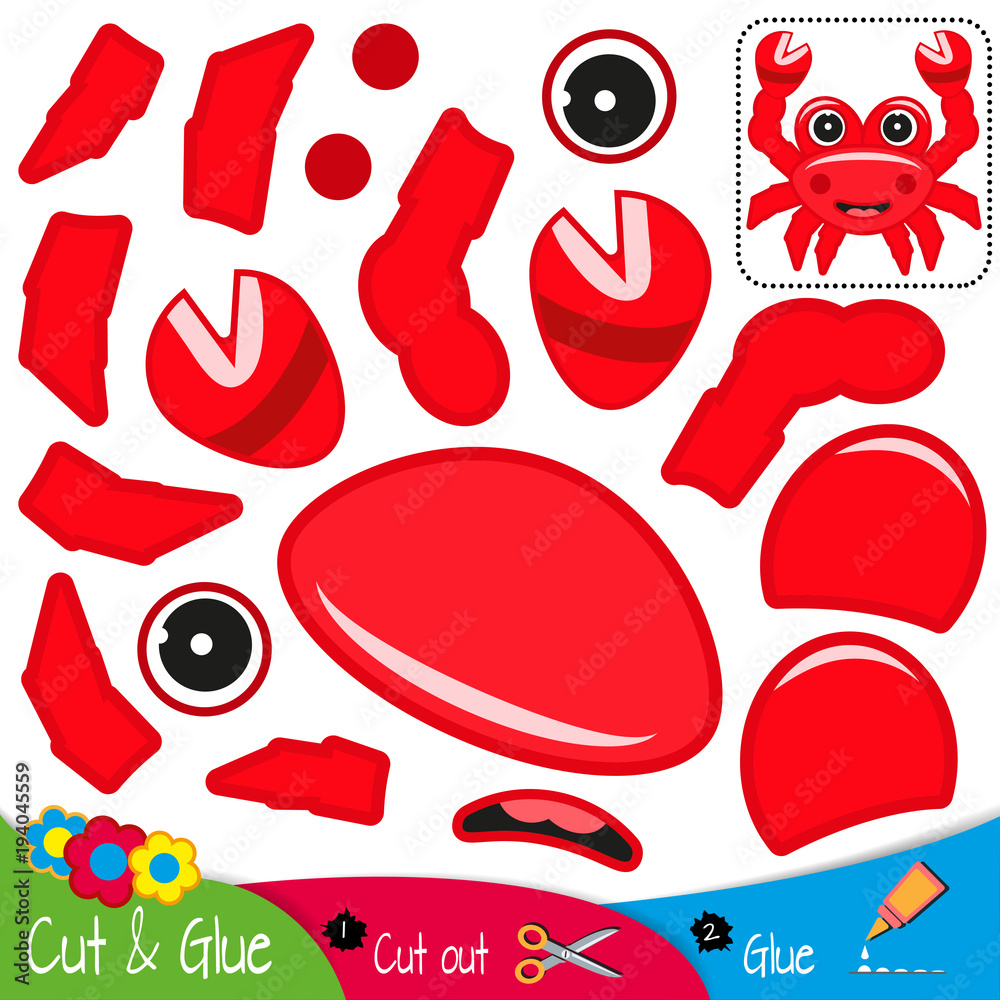 Crab with two claws raised up. Education paper game for preshool ...