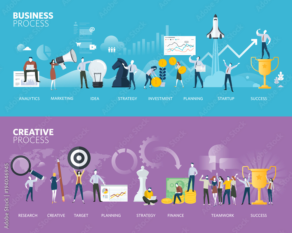 Flat design style web banners of business process and creative process ...