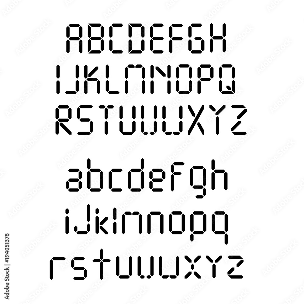 Digital font. Alarm clock letters. Numbers and letters set for a ...