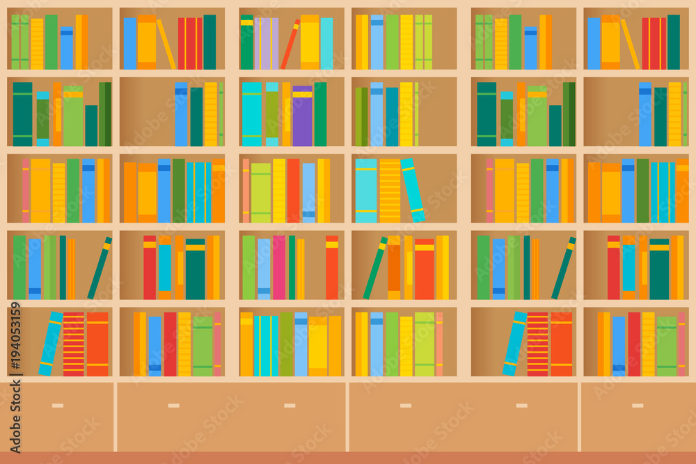 Bookshelves full of books both in the library. Vector illustration ...