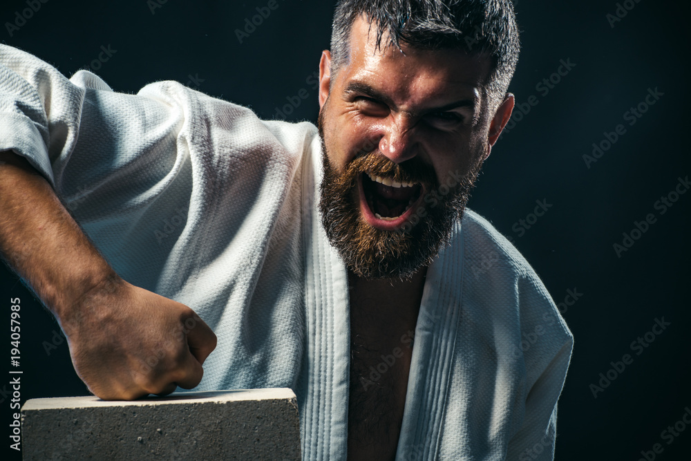 Handsome male karate shows a punch. Portrait of screaming handsome male ...
