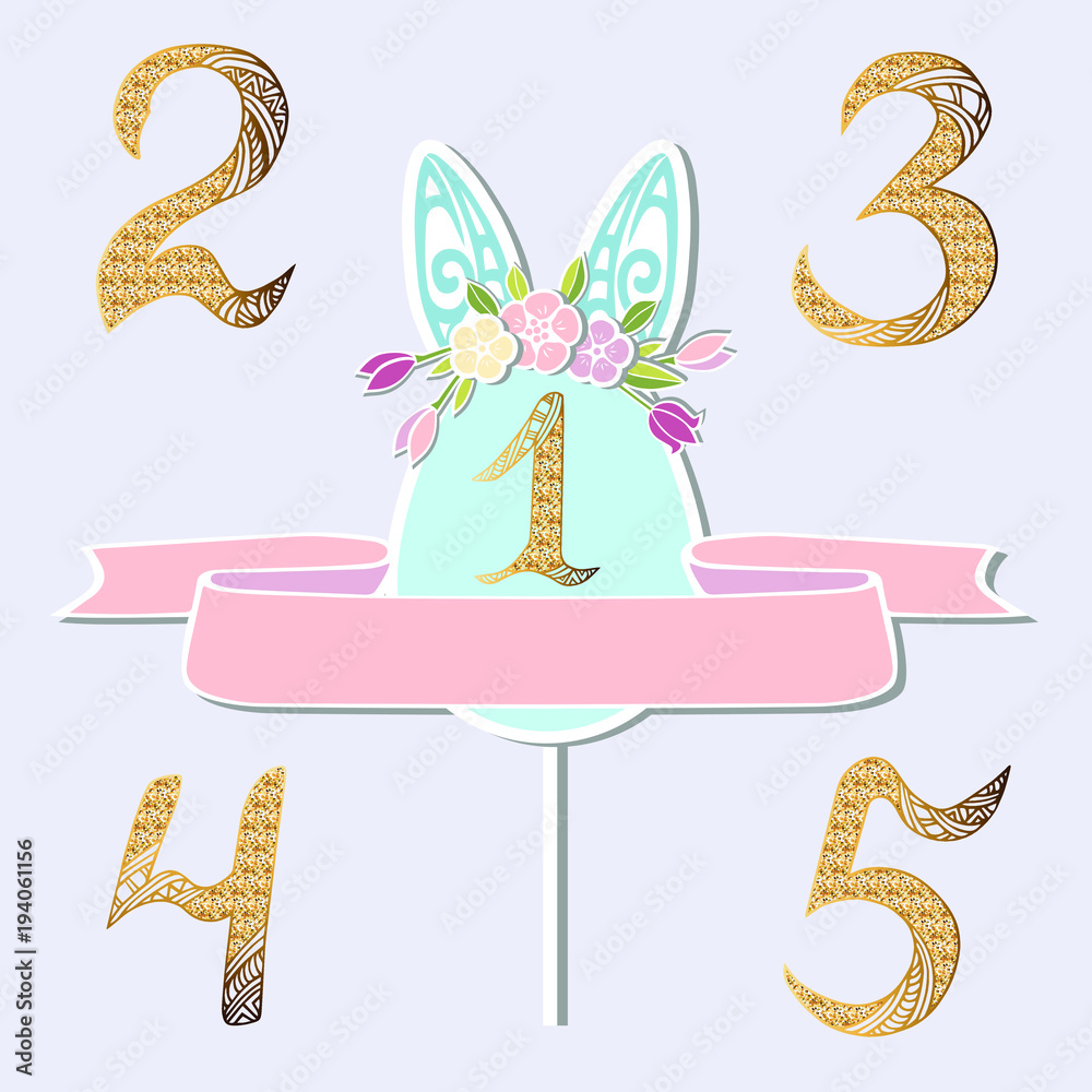 Vector set with number One, Bunny ears and flower wreath. Topper or ...