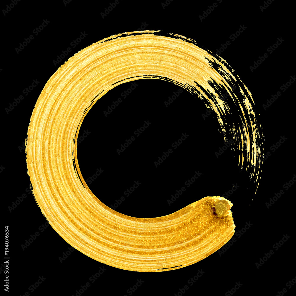 Gold hand drawn circle paint brush stroke isolated on black background ...