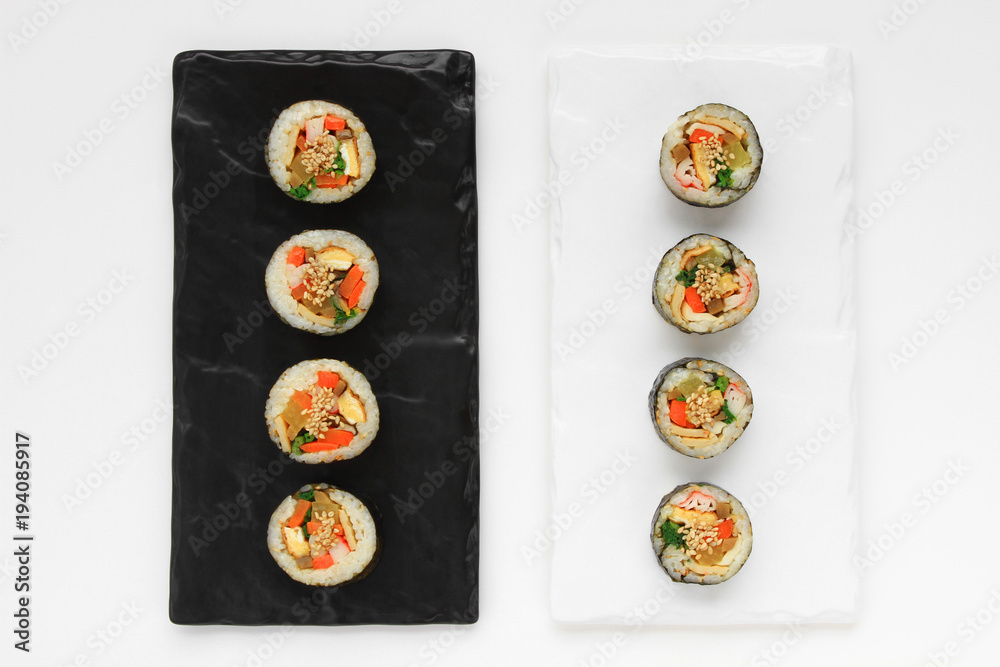 Korean dried Seaweed Rolls, gimbap. Made with carrot, eggs, kim, rice ...