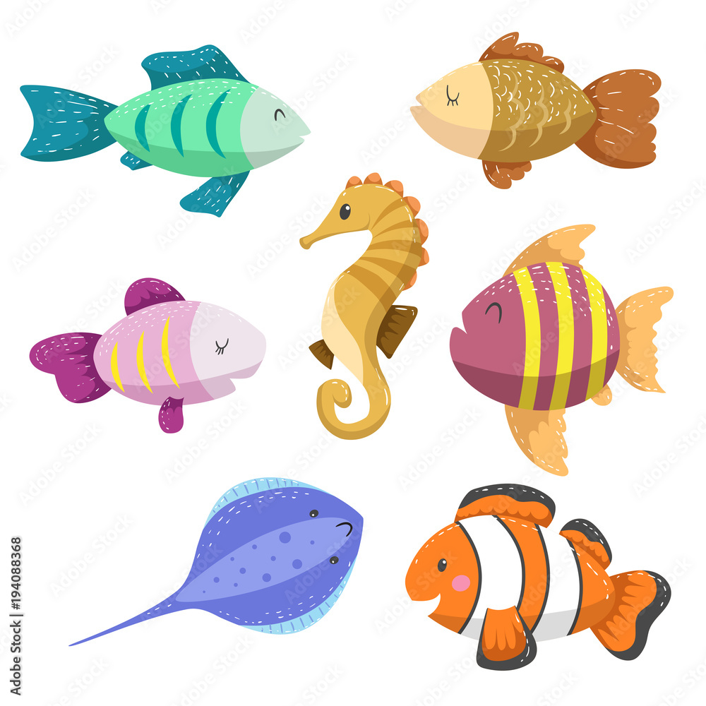 Set of tropical sea and ocean animals. Seahorse, clown fish, stingray ...
