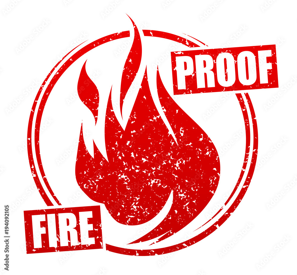 Abstract red grunge rubber stamp with caption FIREPROOF and blazing ...