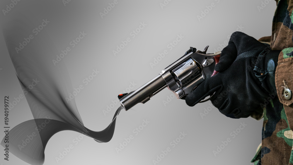 Revolver hand gun in hands with black gloves isolated with clipping ...