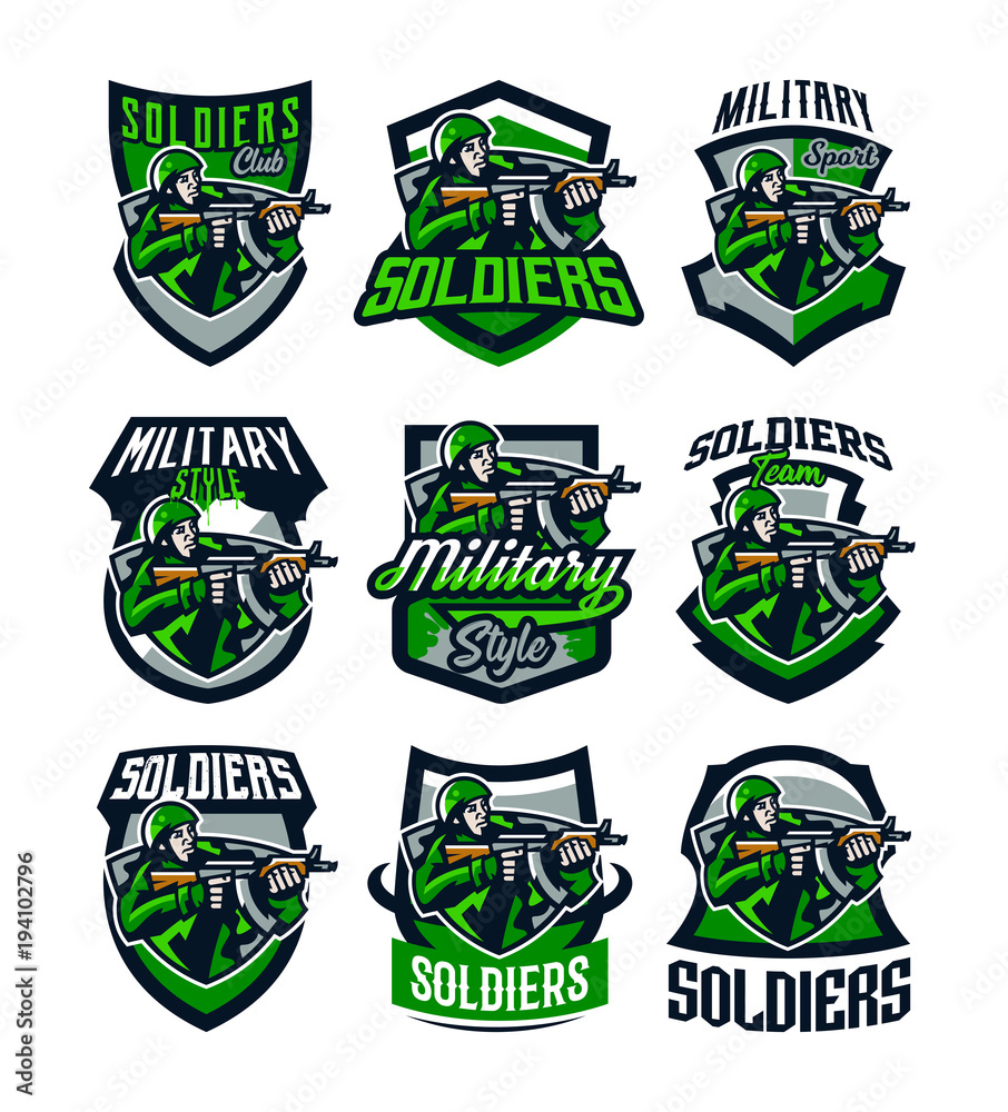 A collection of colorful logos, badges, emblems of a soldier shooting ...
