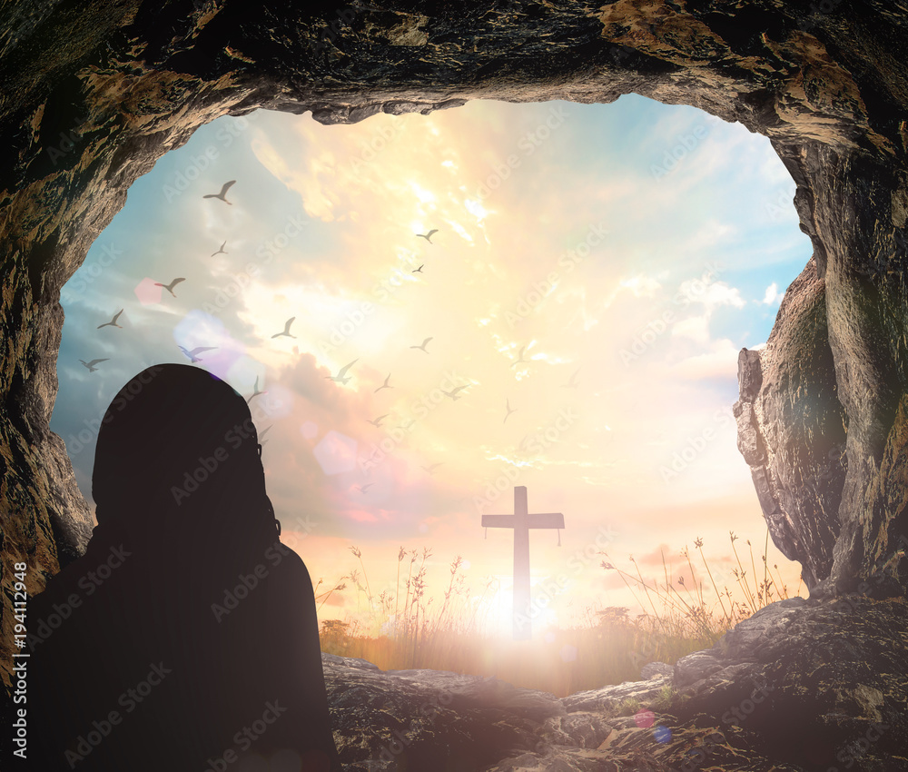 Resurrection of Easter Sunday concept: Jesus Christ is risen from tomb ...