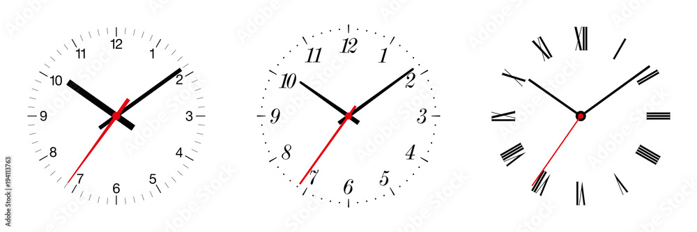 Three different clock faces over white, with regular, italic and ...