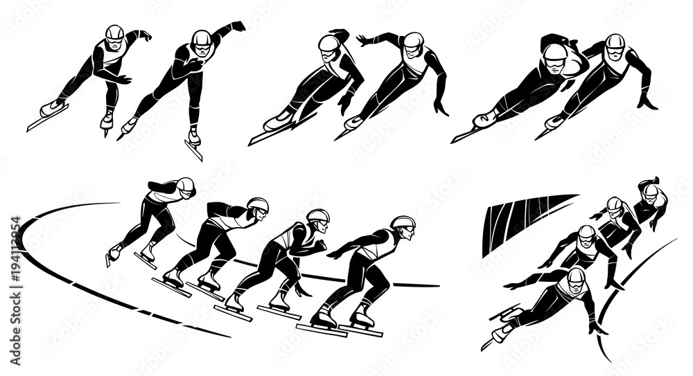 Set of illustrations of speed skaters. Short track. Hand drawn ...