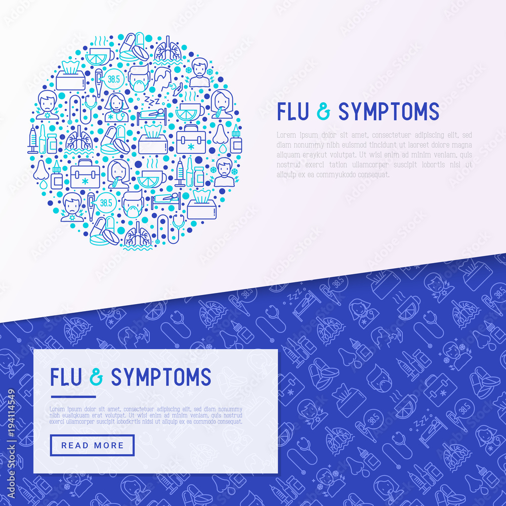 Flu and symptoms concept in circle thin line icons: temperature, chills ...