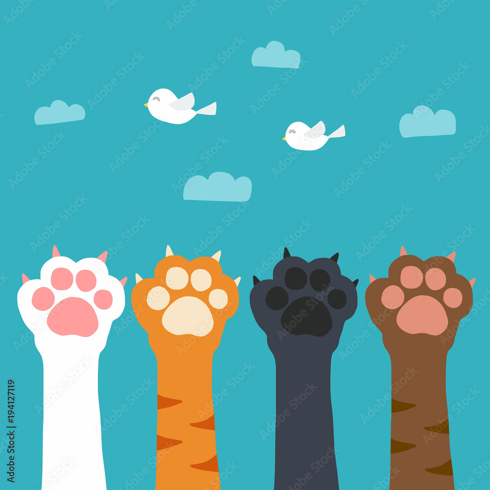 Cat paw catch bird on sky cartoon vector illustration Stock Vector ...