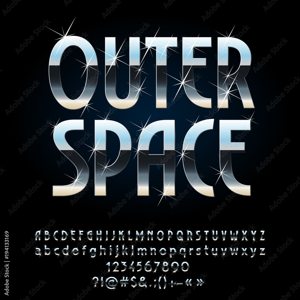 Vector reflective Metallic Sign Outer Space. Futuristic style set of ...