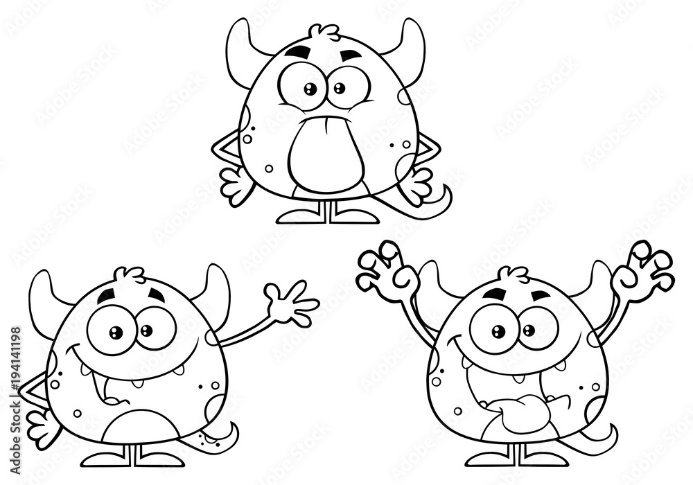 Black And White Monster Cartoon Emoji Character. Vector Collection ...