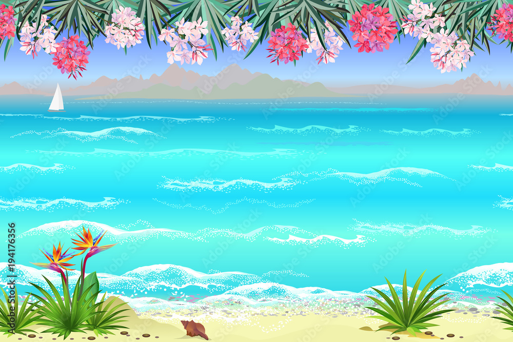 Seamless sea beach landscape with flowers, 4 separated layers ready for ...
