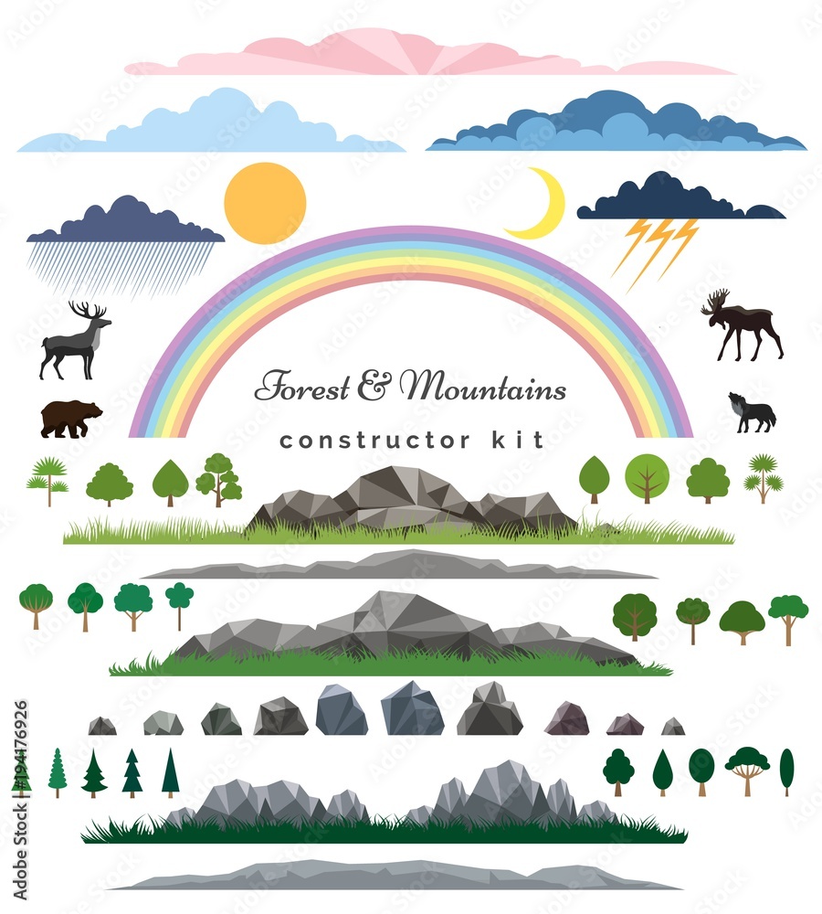 Mountains and forest vector. Stone and rock, garden tree and grass ...