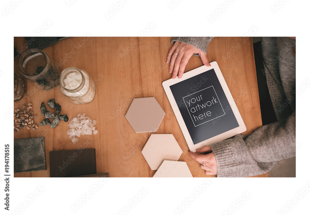 Tablet User with Interior Design Materials Mockup 1 Stock Template ...