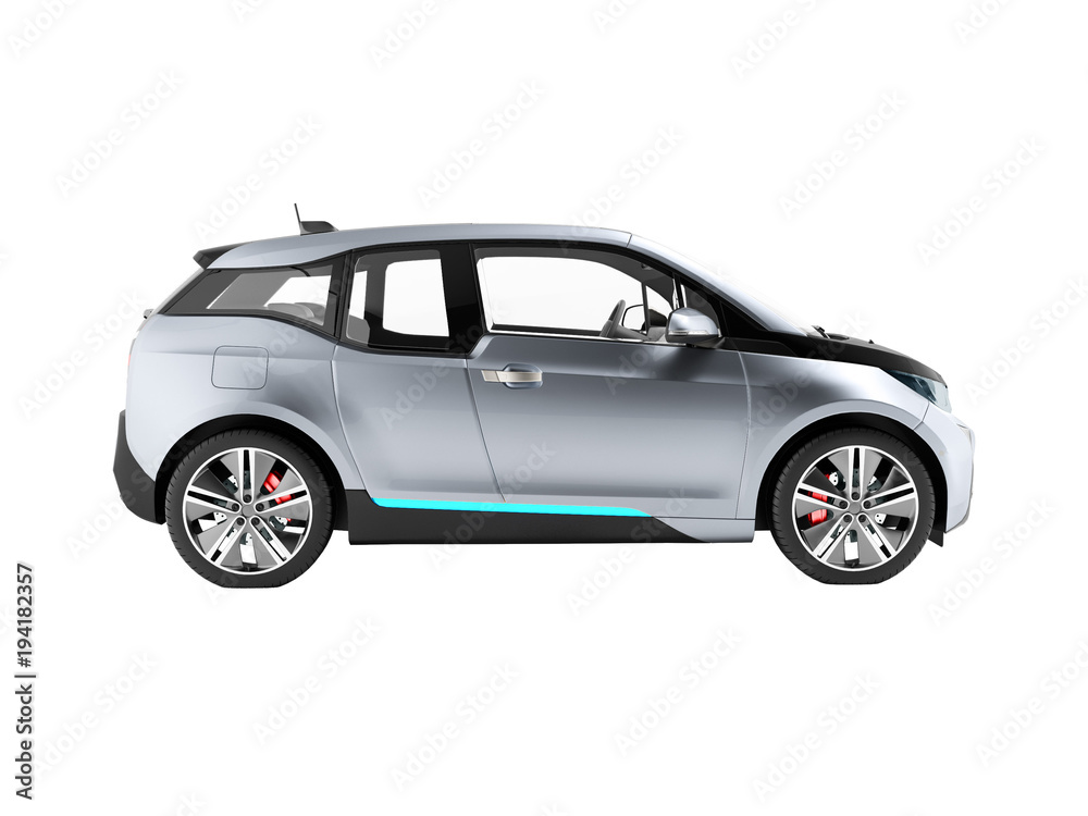 Electric car side view blue black 3d render on white background no ...