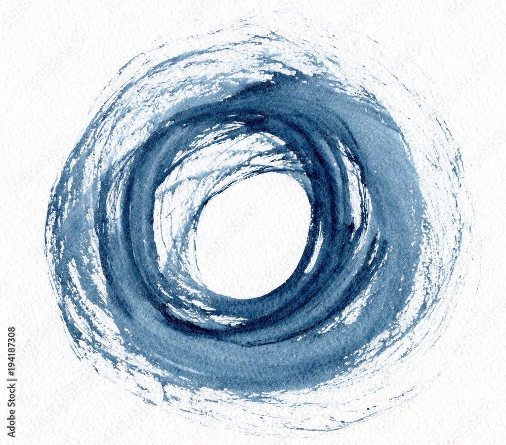 Blue brush stroke in the form of a circle. Drawing created in ink ...