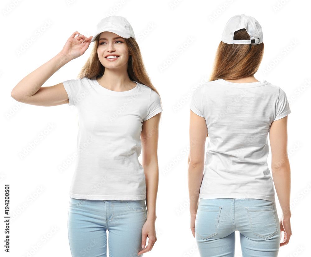 Front and back views of young woman in stylish t-shirt and cap on white ...