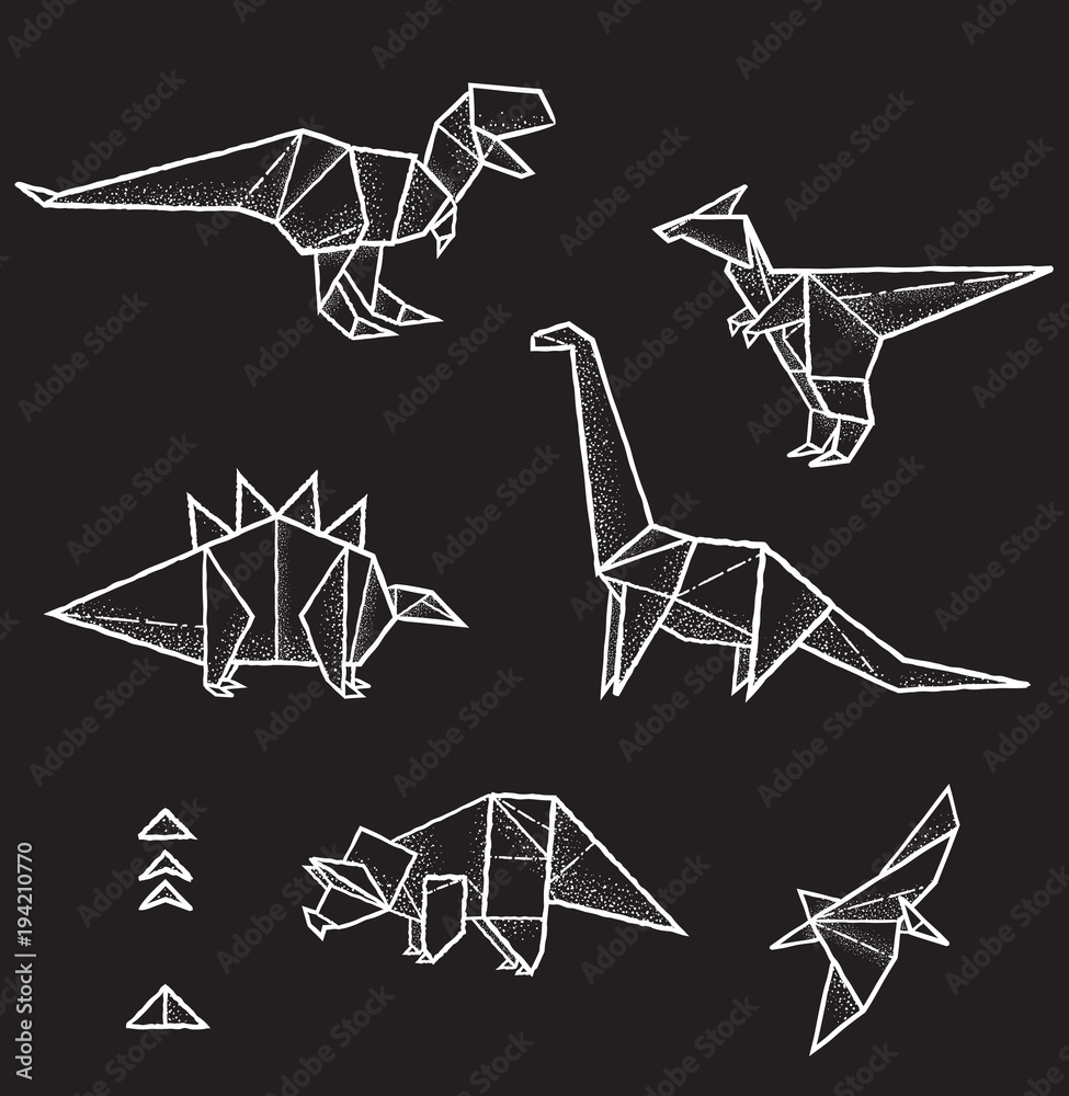 Collection of six hand drawn vector origami animals and triangles ...