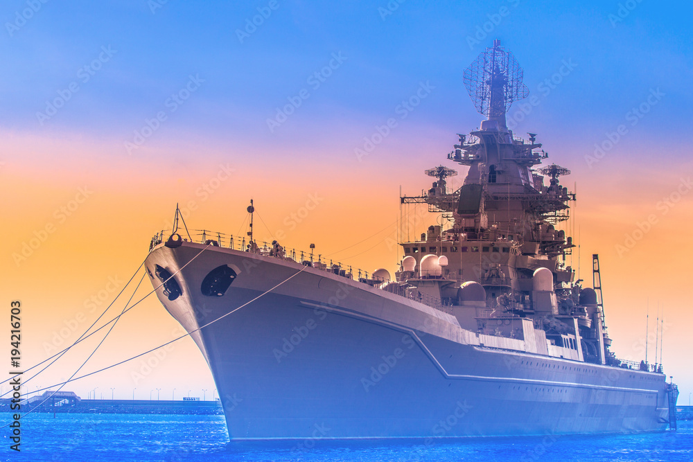 Warship. Ship on sunset background. Military naval forces. Contour of ...
