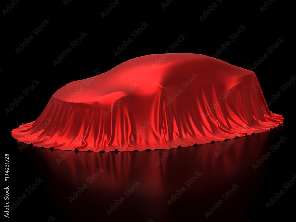 New car presentation, model reveal, hidden under red cover, isolated on ...