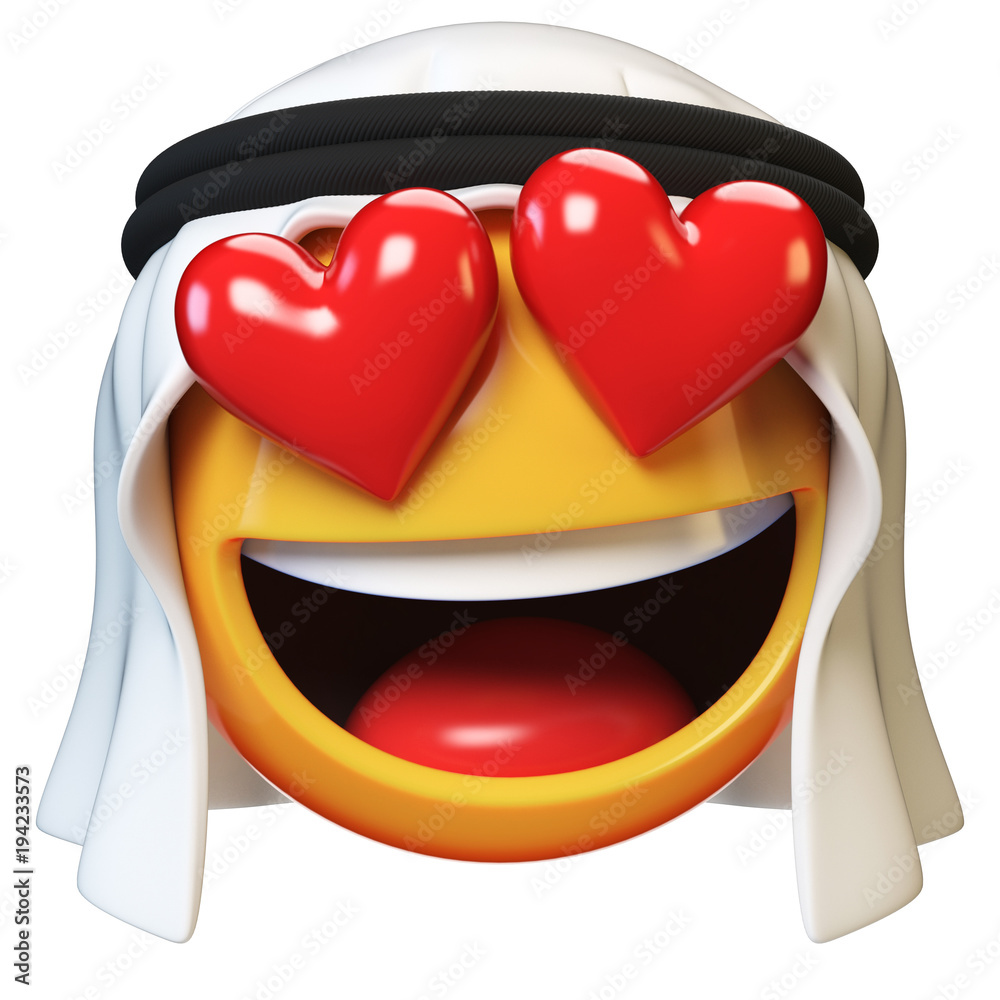 Falling in love Arab emoji isolated on white background, heart shaped ...