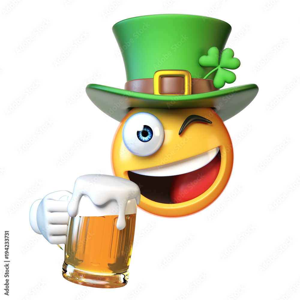Emoji with green St. Patrick's Day hat with four-leaf clover, Irish ...