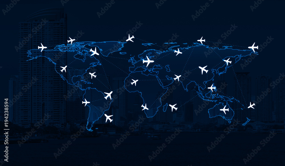 ภาพประกอบสต็อก Light blue world map with flight routes airplanes on ...