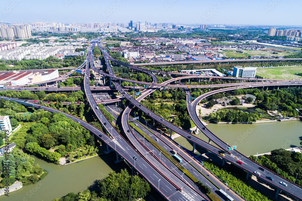 Aerial view massive highway intersection, stack interchange with ...