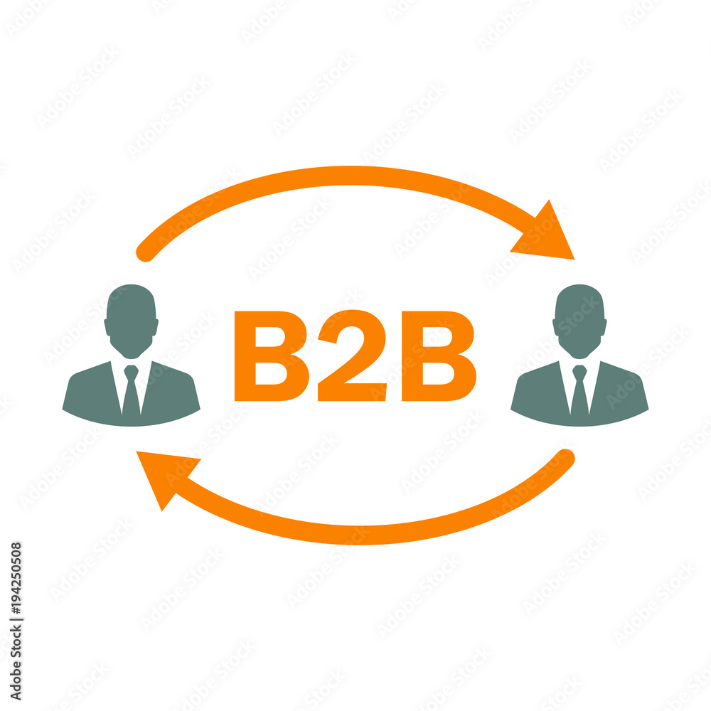 Icono plano texto B2B con hombres y flechas girando en gris y naranja ...