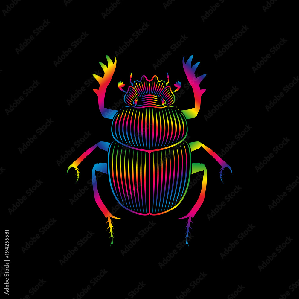 Graphic print of stylized scarab in spectrum colors on black background ...