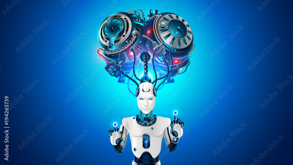 Robot with big artificial brain thinking on task. Super computer handle ...
