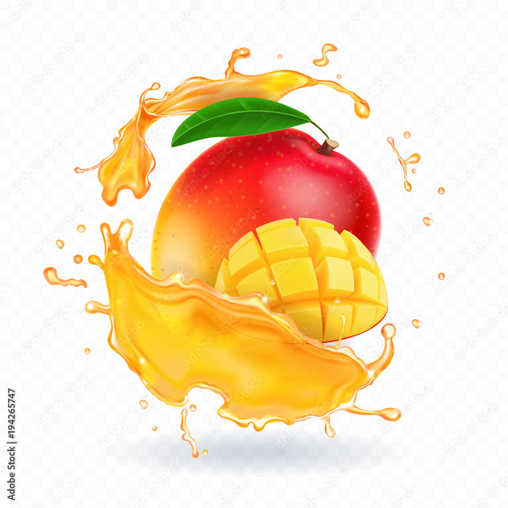 A splash of juice with mango and ripe mango slices. Vector realistic ...