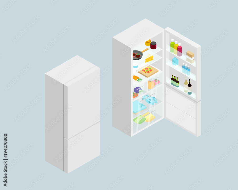 Open and closed vector detailed isometric fridge. High quality ...