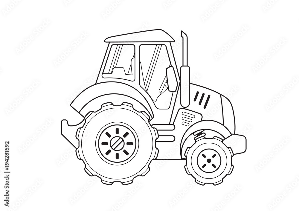 Blue Tractor Side View Coloring Book. Line Art. ภาพถ่ายสต็อก | Adobe Stock