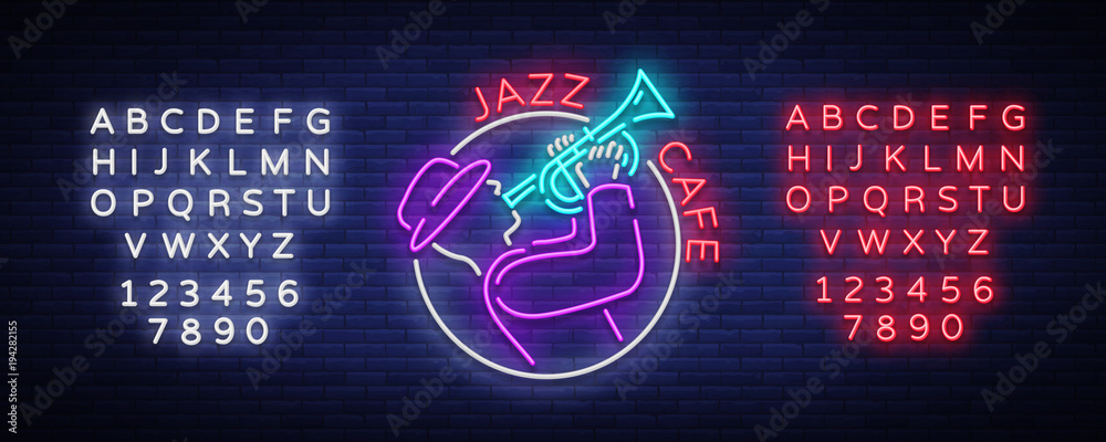 Jazz cafe logo in neon style. Neon sign symbol, emblem, light banner ...
