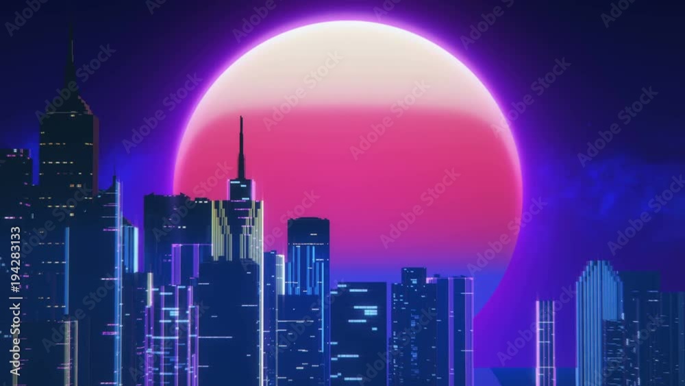 Synthwave city against pink moon, beautiful loopable background, 3D ...