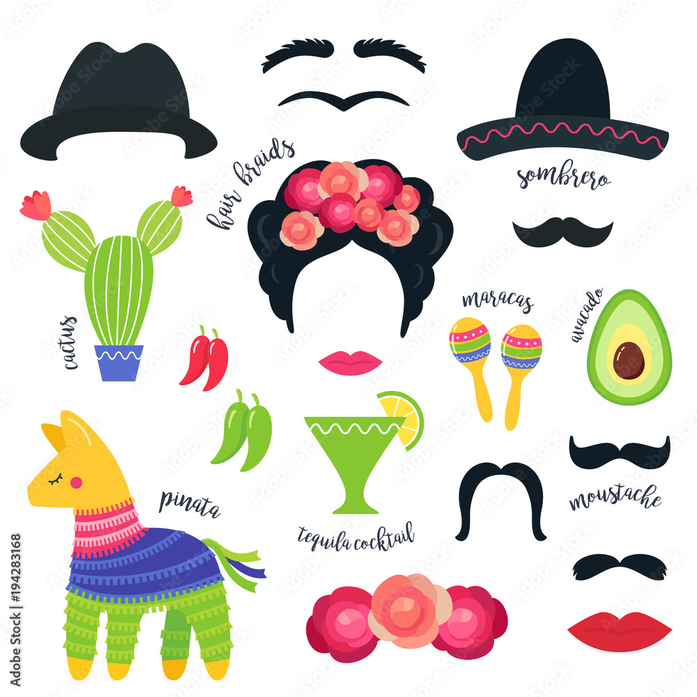 Mexican Fiesta Party Symbols and Photo Booth Props. Vector Design Stock ...